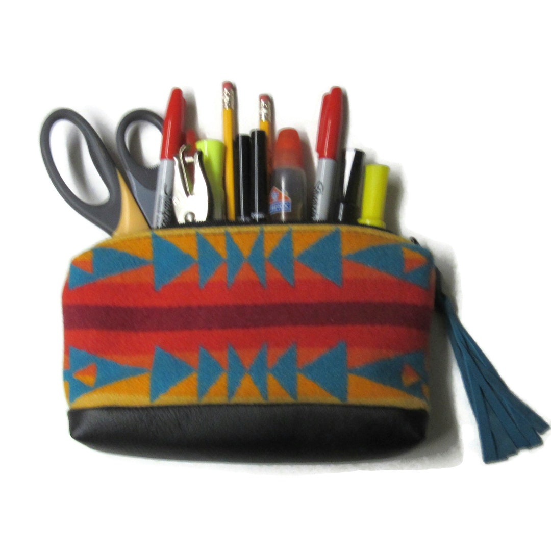 Organizer Office Desk Black Leather Zippered Pouch Blanket Wool Fabric ...
