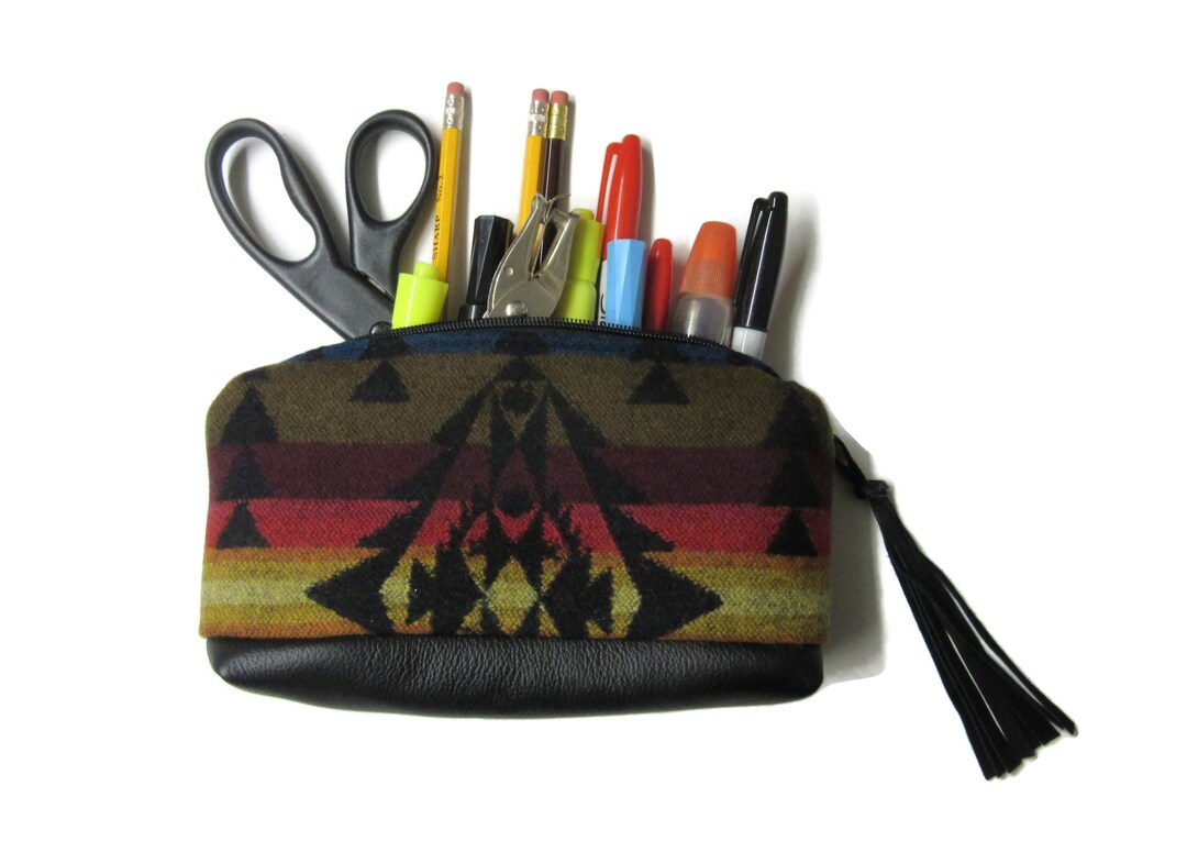 Office Desk Organizer Black Leather Large Zippered Pouch Blanket Wool ...