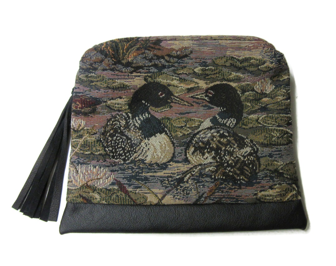 Loons Tapestry Fabric Black Leather Large Zippered Pouch Pencil Case ...