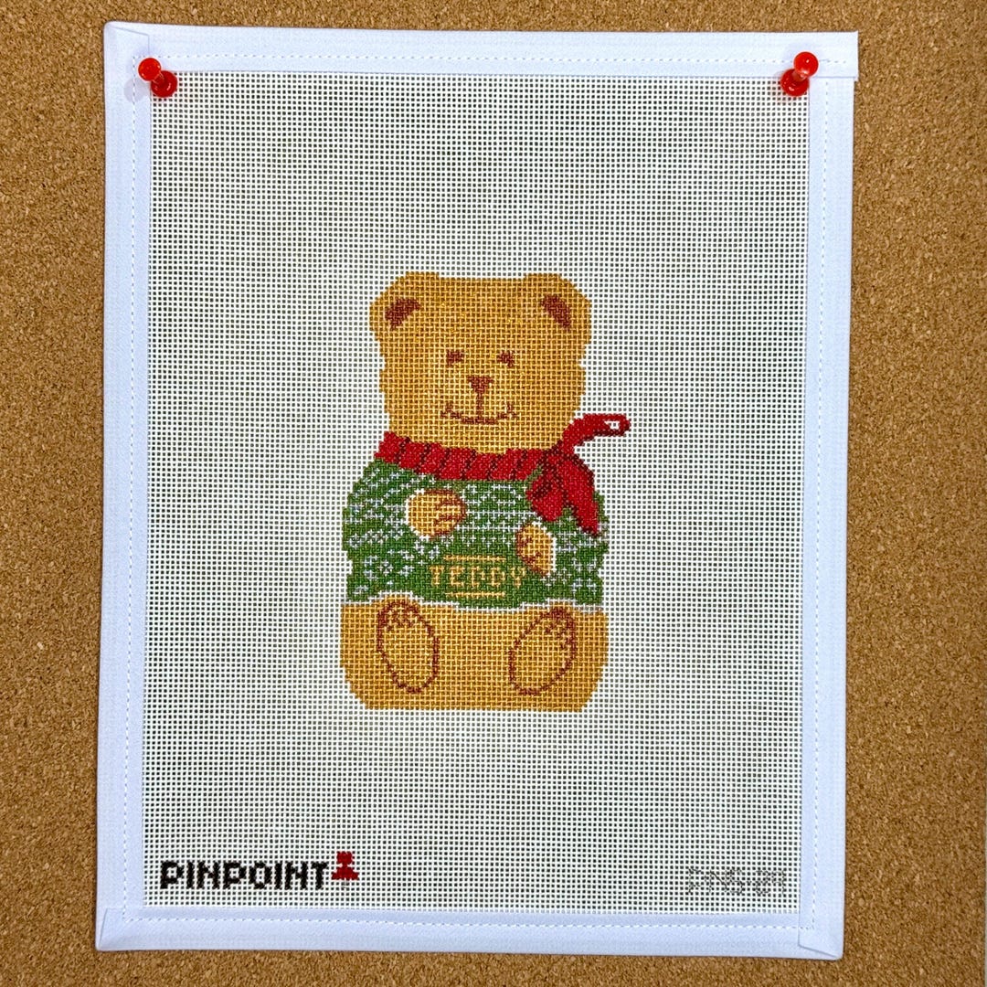 Chocolate Teddy Bear Needlepoint Canvas | Green Sweater - Etsy