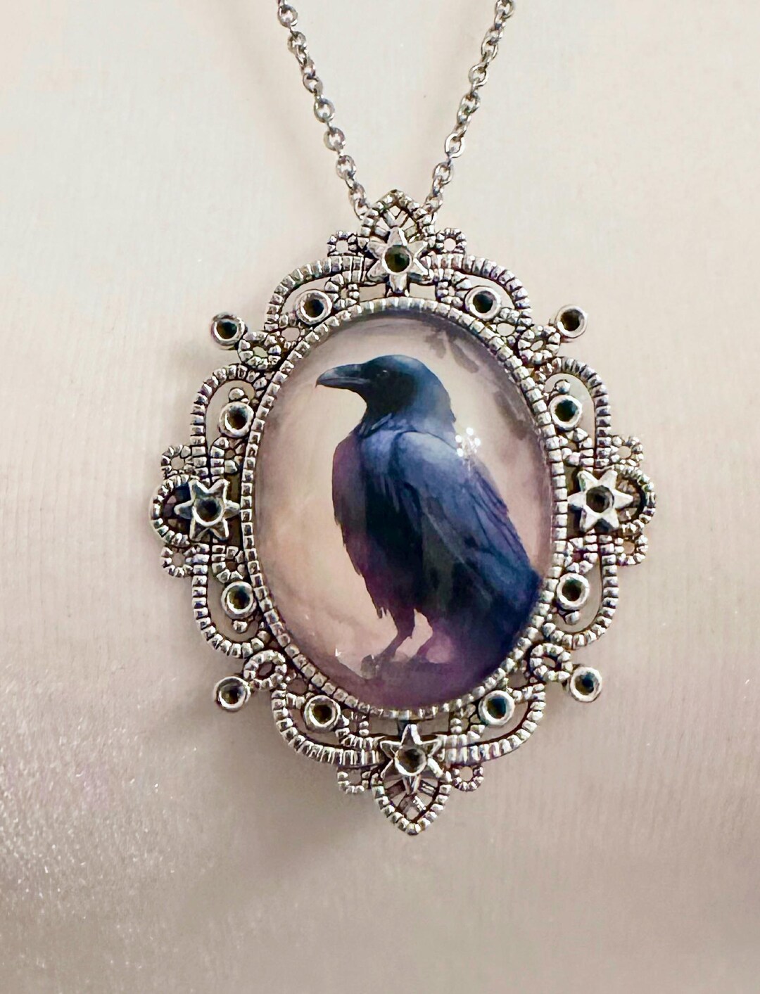 The Raven Edgar Allen Poe Tower of London Cabochon Pendant Silvertone ...