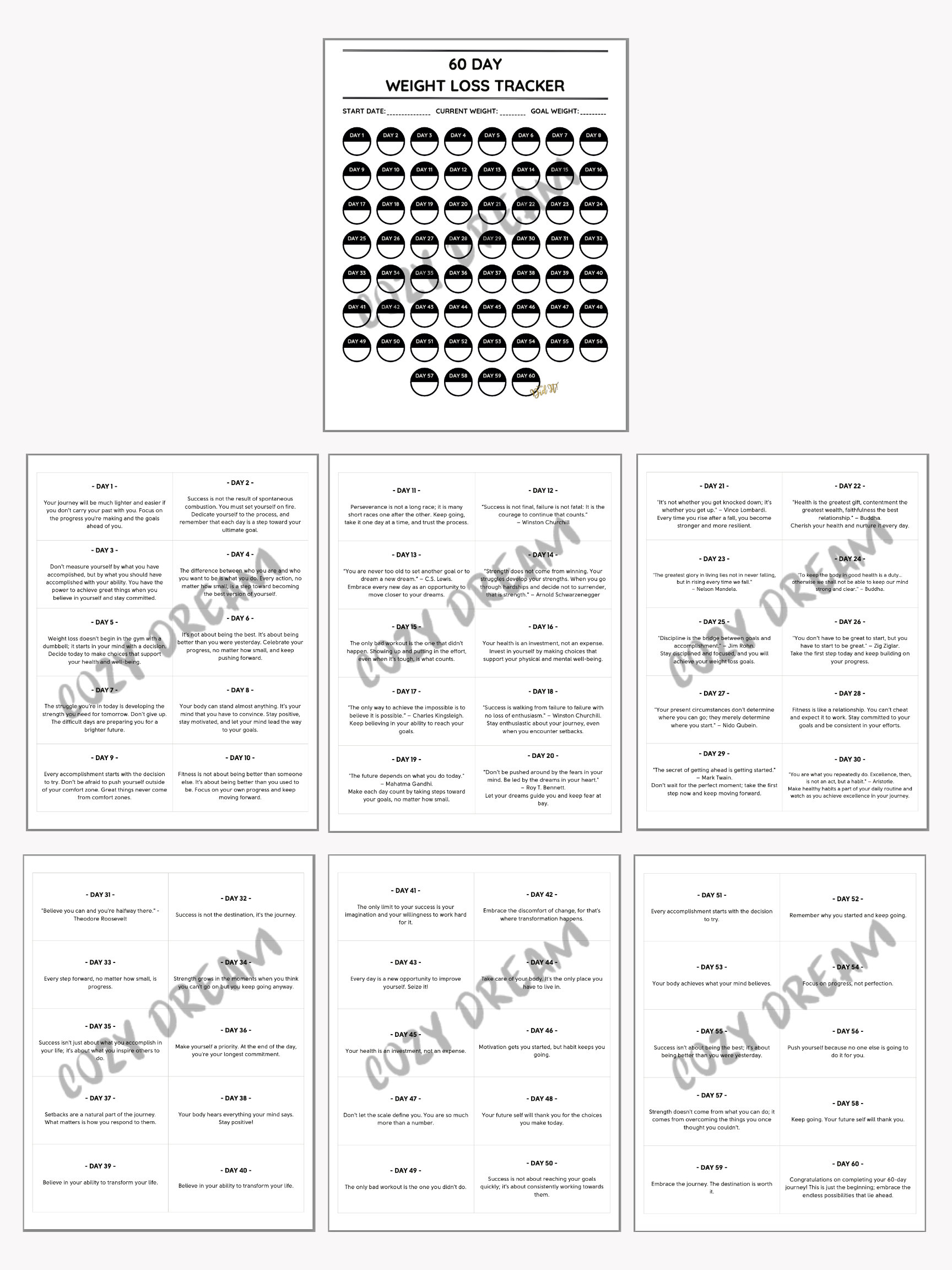 60 Day Weight Loss Tracker Printable, Daily Inspirational Motivational ...