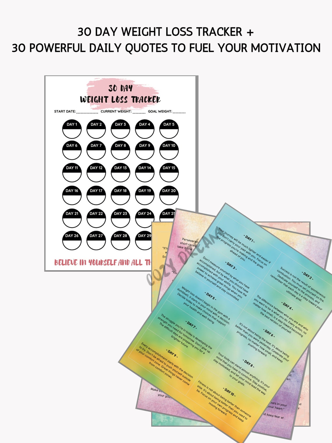 30 Day Weight Loss Tracker Printable, Daily Inspirational Motivational ...