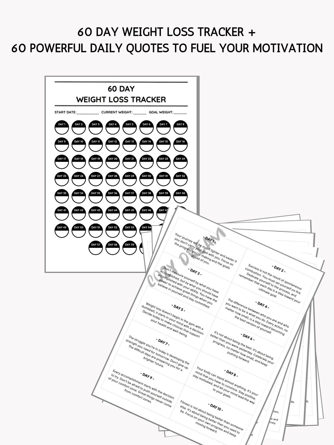 60 Day Weight Loss Tracker Printable, Daily Inspirational Motivational ...