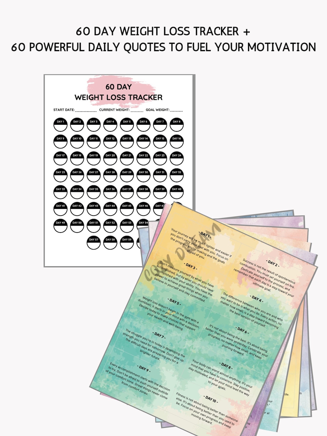 60 Day Weight Loss Tracker Printable, Daily Inspirational Motivational ...