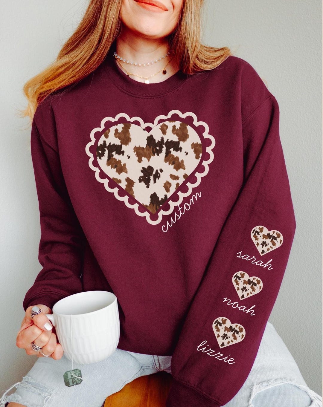 Heart Shirt With Names on Sleeve Mom Shirt, Custom Valentine Sweatshirt ...
