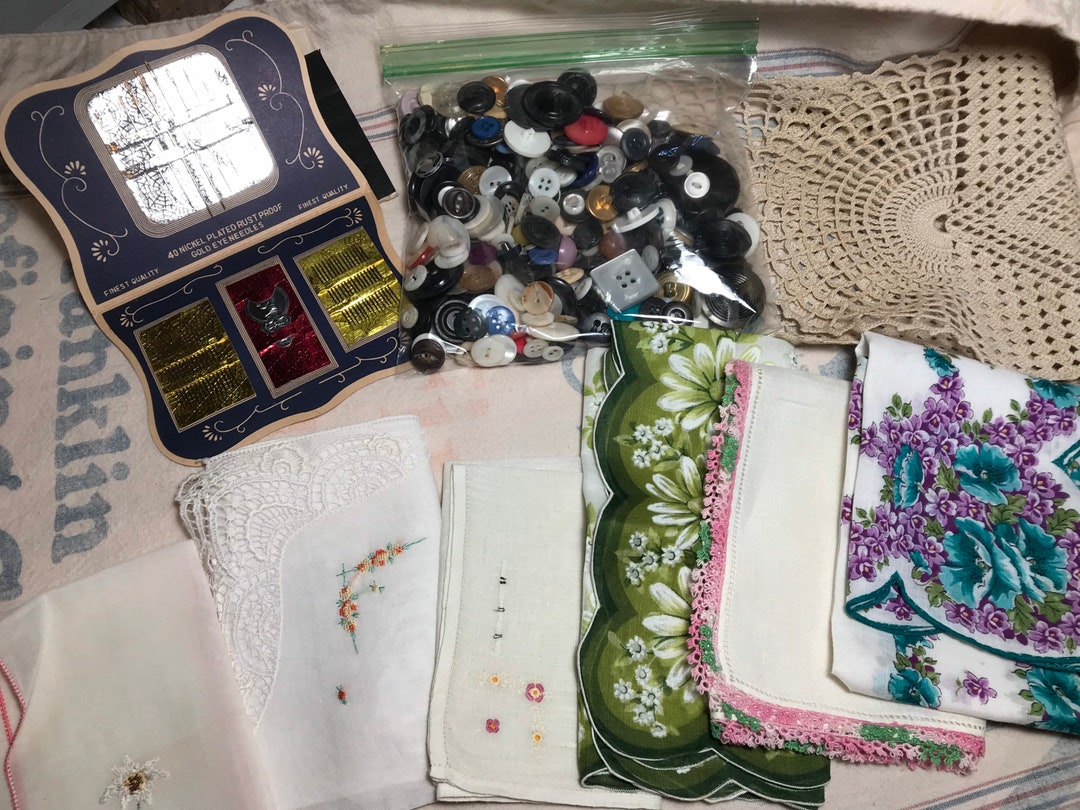 Destash Bundle of Vintage Buttons, Hankie, Doily, Needles Perfect for ...