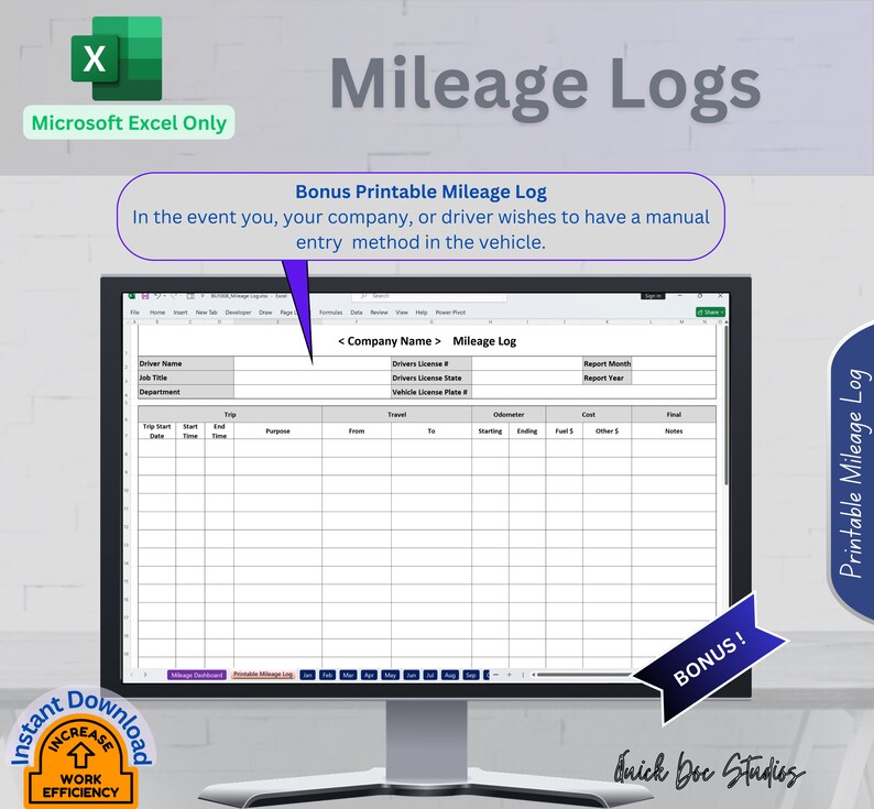 Mileage Workbook Excel Log Tracker, Digital Printable Mileage Tracking ...