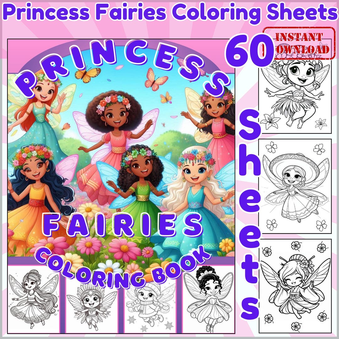 Fairy Girl Kids Coloring Book Pages - Cute Princess Activity Easy ...