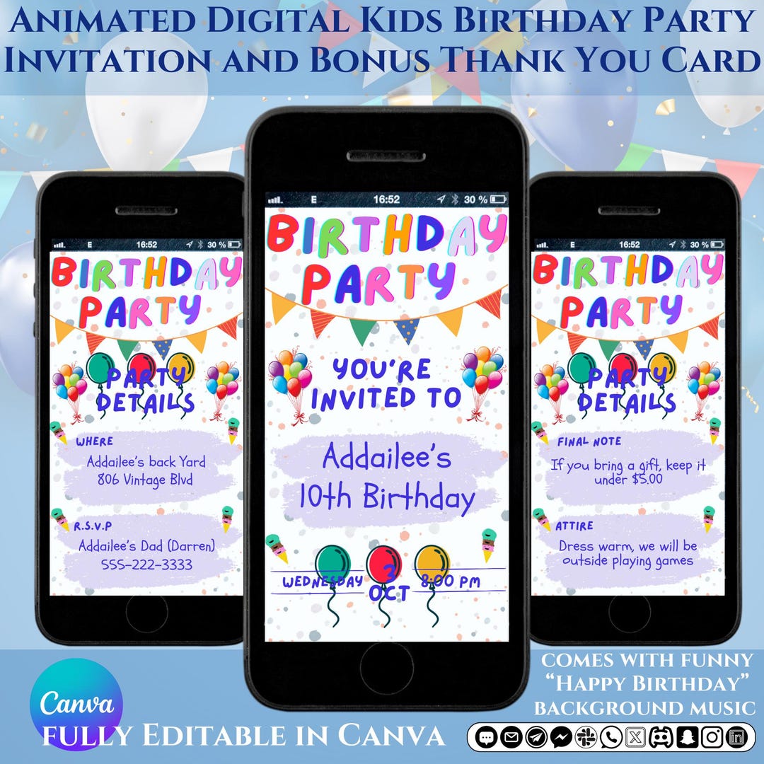 Birthday Party Animated Invitation, Customizable Canva Editable Kids ...