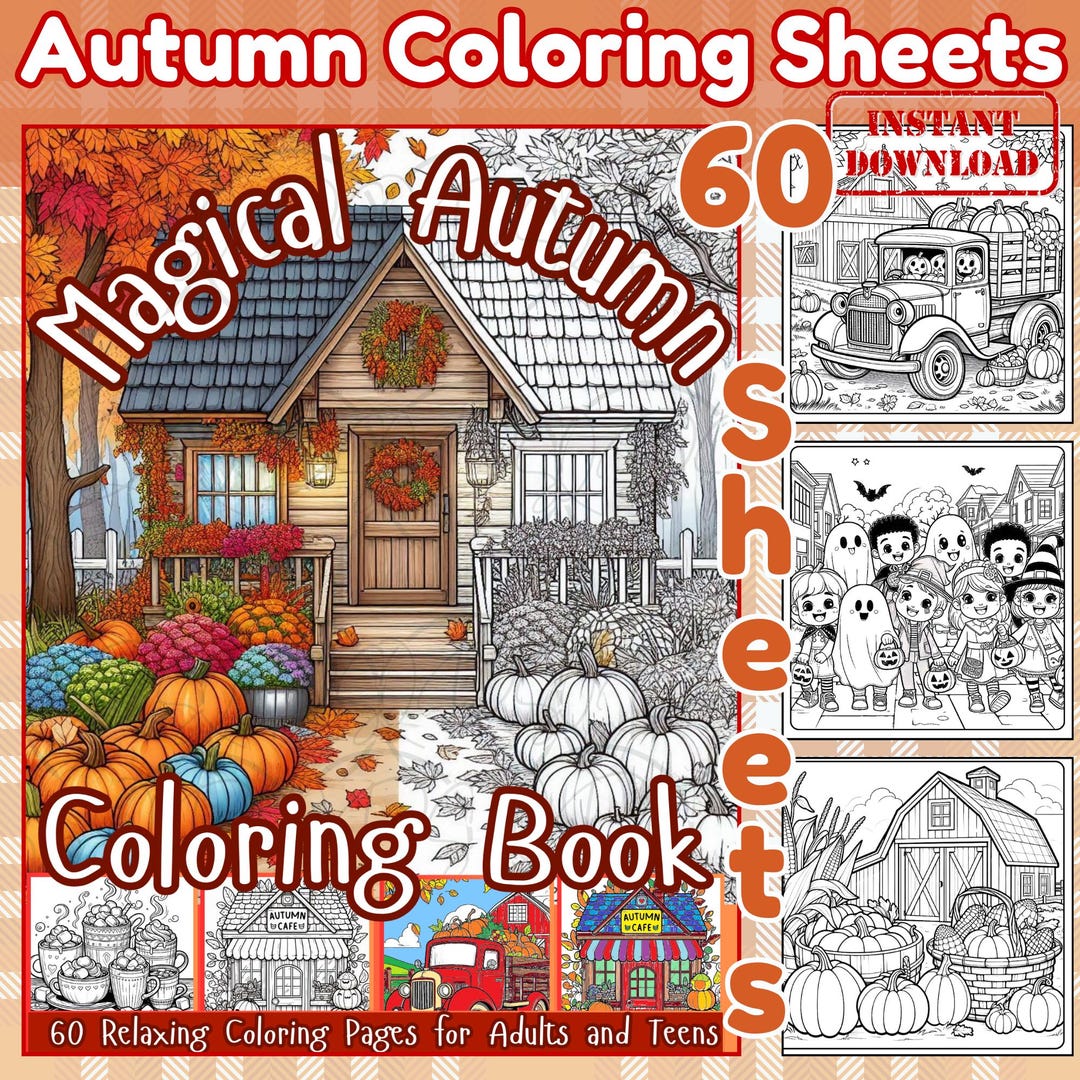 Autumn Coloring Book: 60 Fall Designs, Pumpkins & Cottages (digital ...