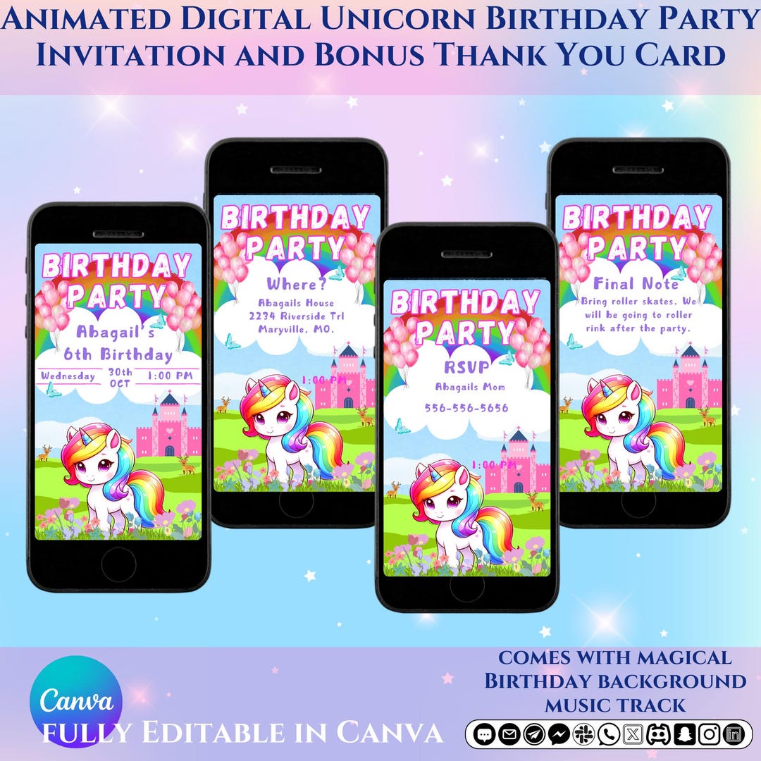 Unicorn Birthday Invitation Digital Party Invite Customizable Kid ...