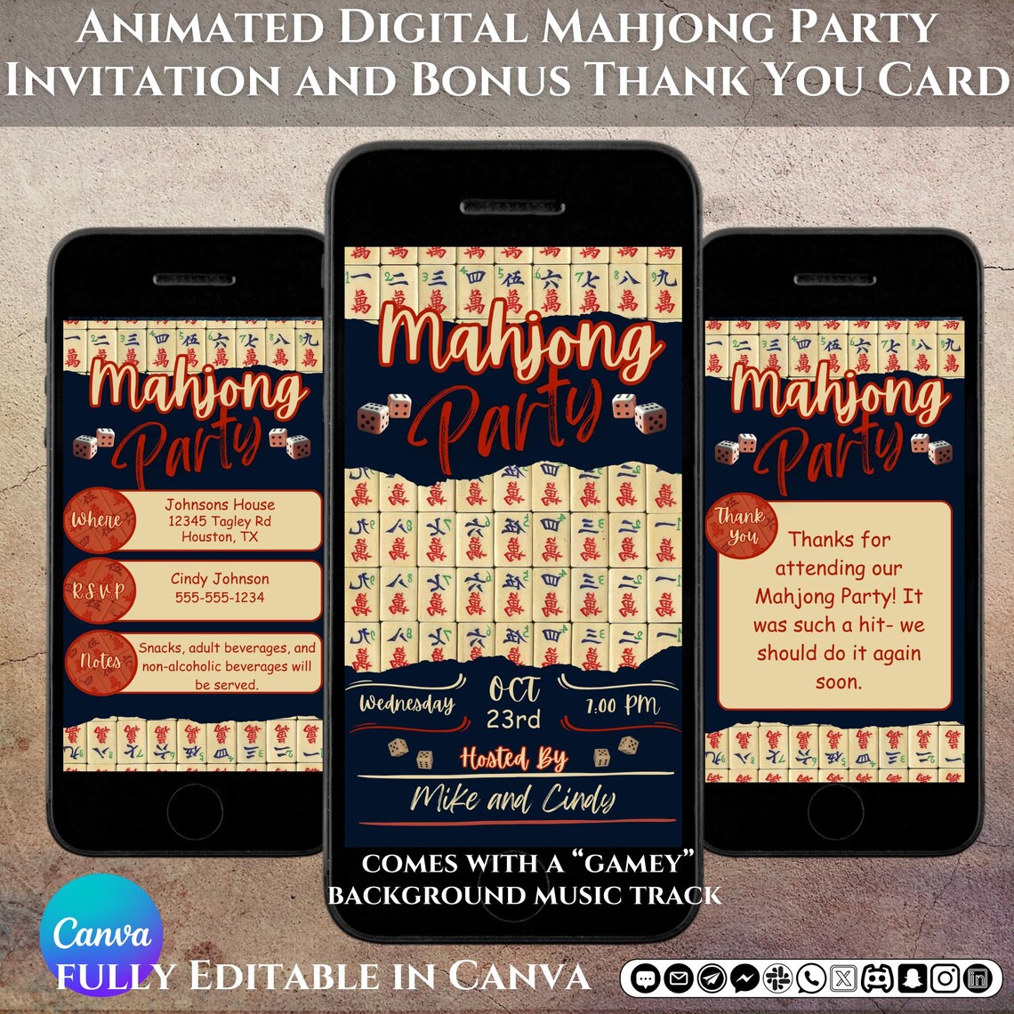 Game Night Animated Digital Invitation, Canva Editable Mahjong Party ...