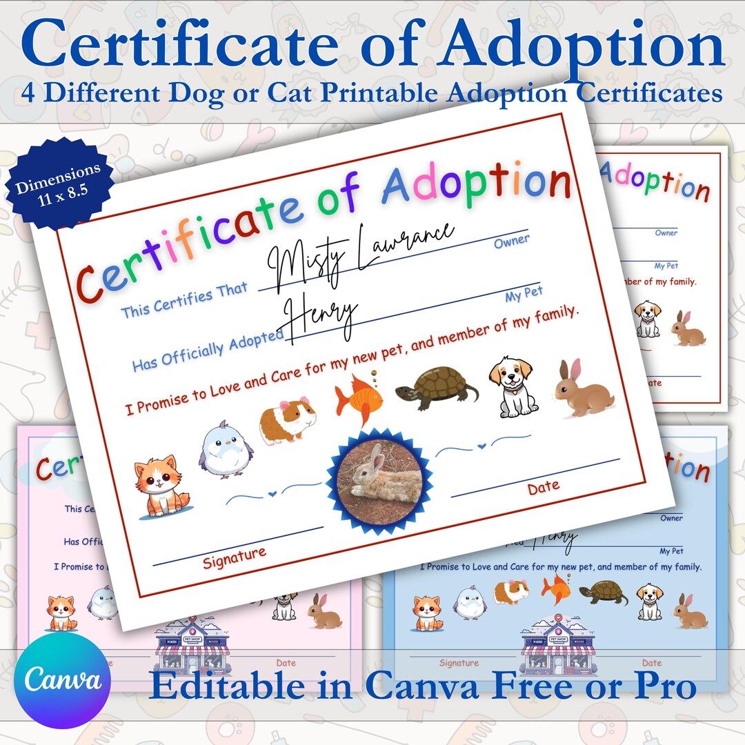 Pet Adoption Certificate for Animal Lover – Printable Pet Care Document ...