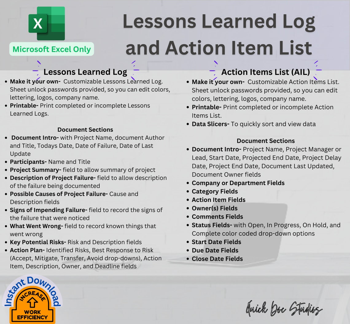 Lessons Learned Log Project Tracker: Action Item List (excel Template) - Etsy