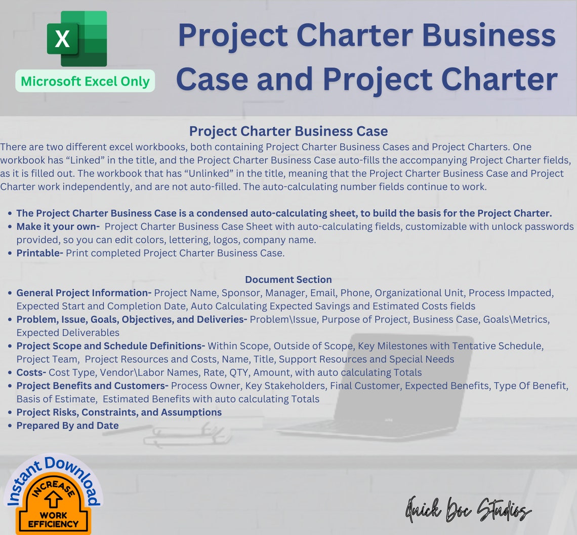 Project Charter Management Template, Digital Download Pmp Business Case ...