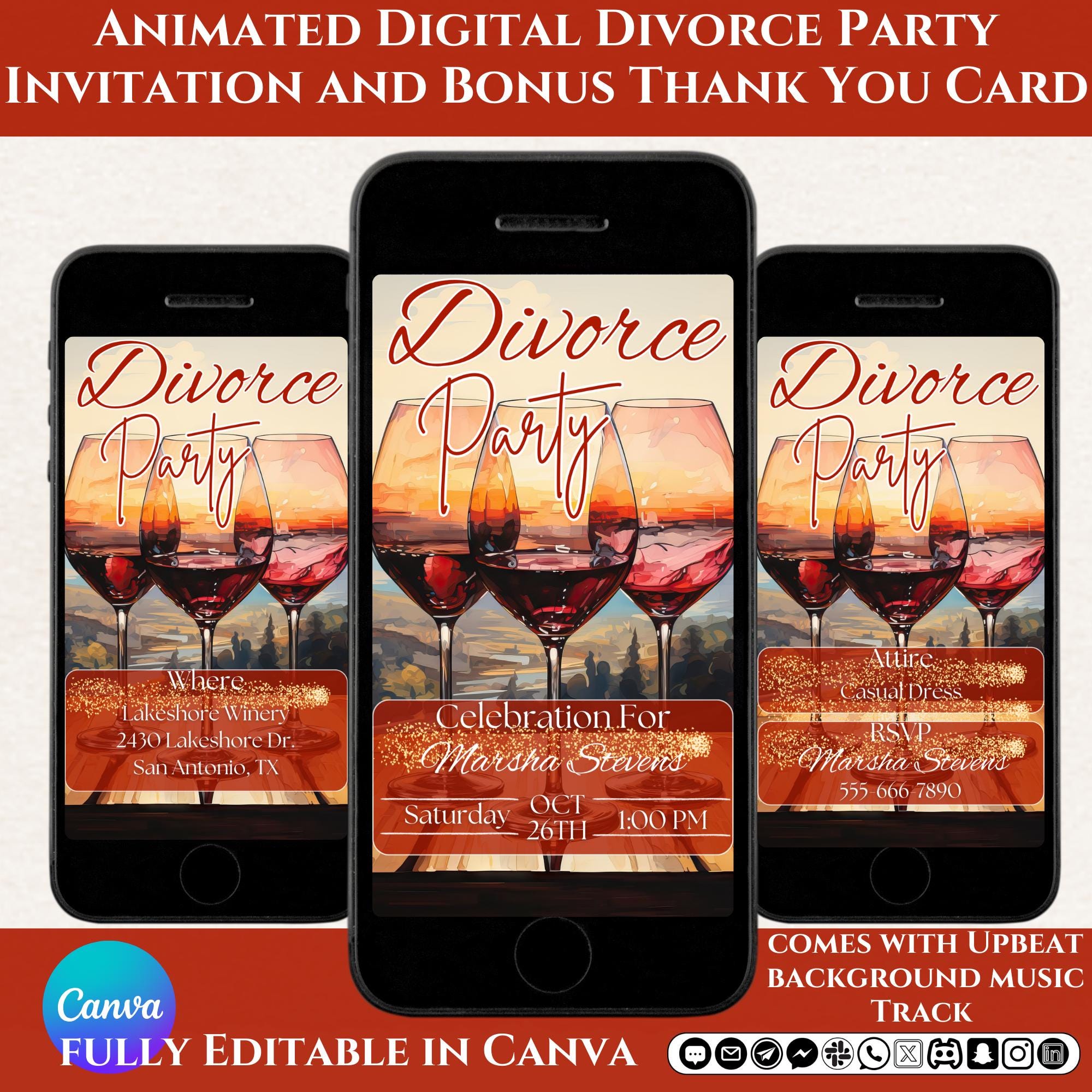 Divorce Party Invitation Animated Template Customizable Invite Wine Glass Design Digital Canva ...