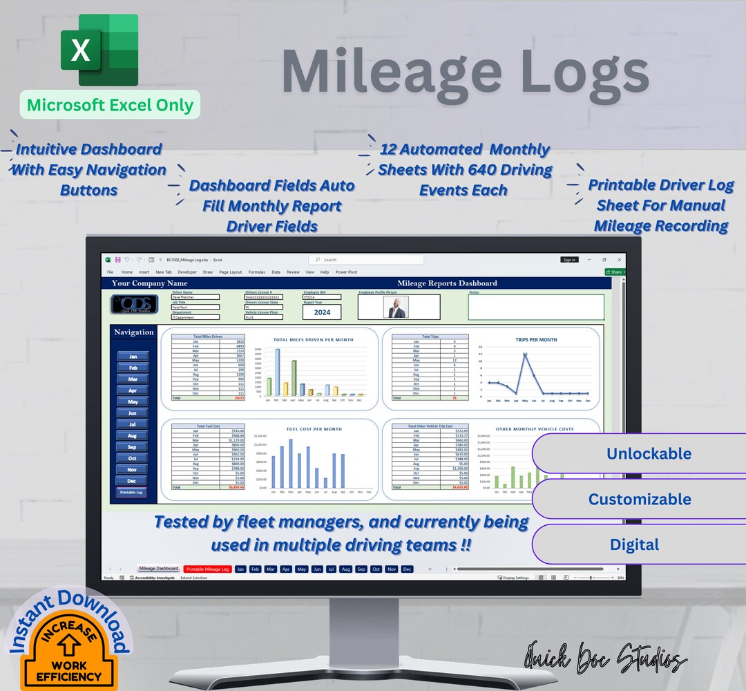 Mileage Workbook Excel Log Tracker, Digital Printable Mileage Tracking ...