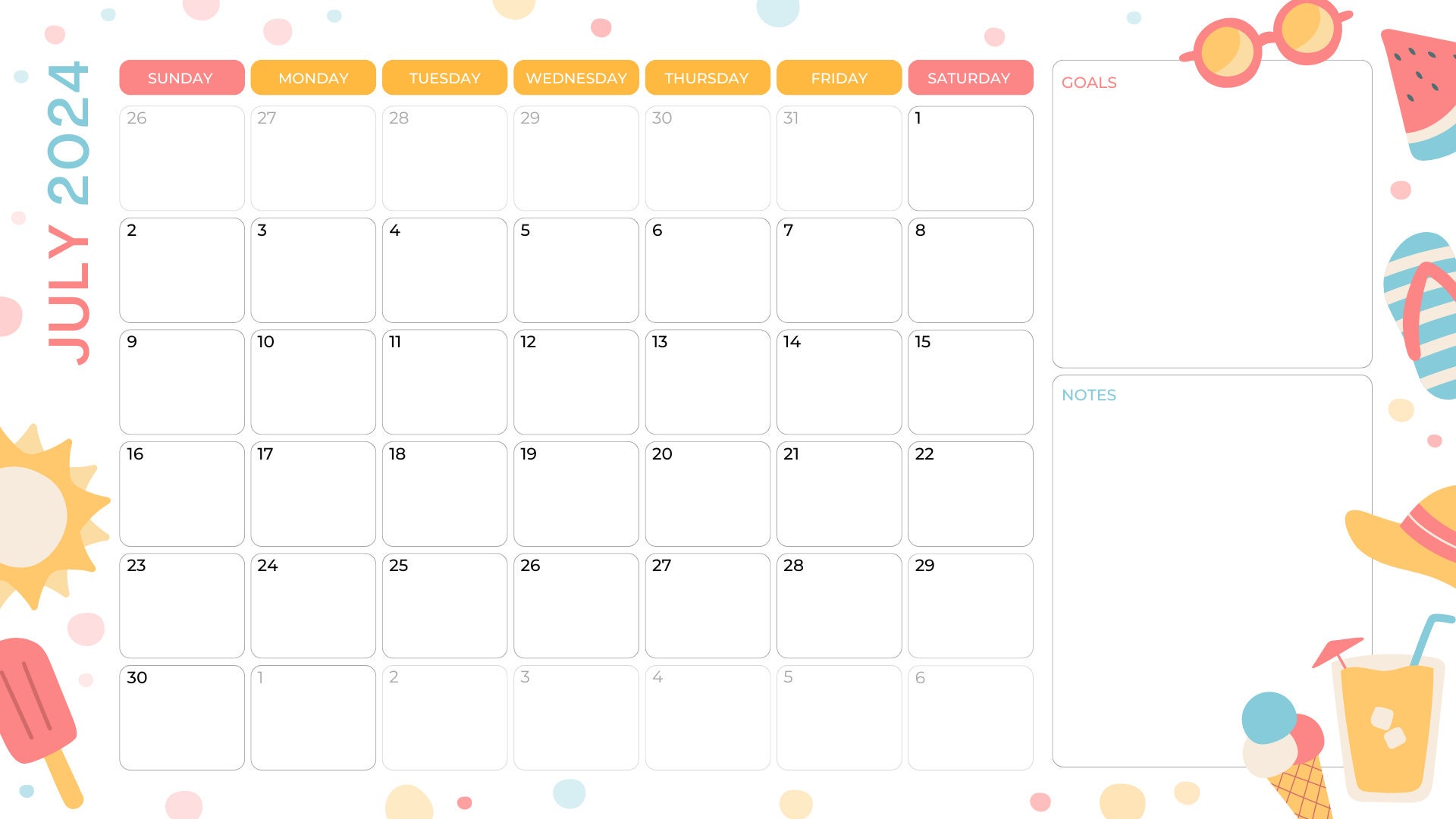 Printable 2024 July Calendar - Etsy