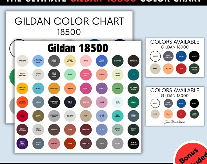 Gildan Color Chart, Handwritten Gildan 5000 Color Chart, Gildan 2000 ...