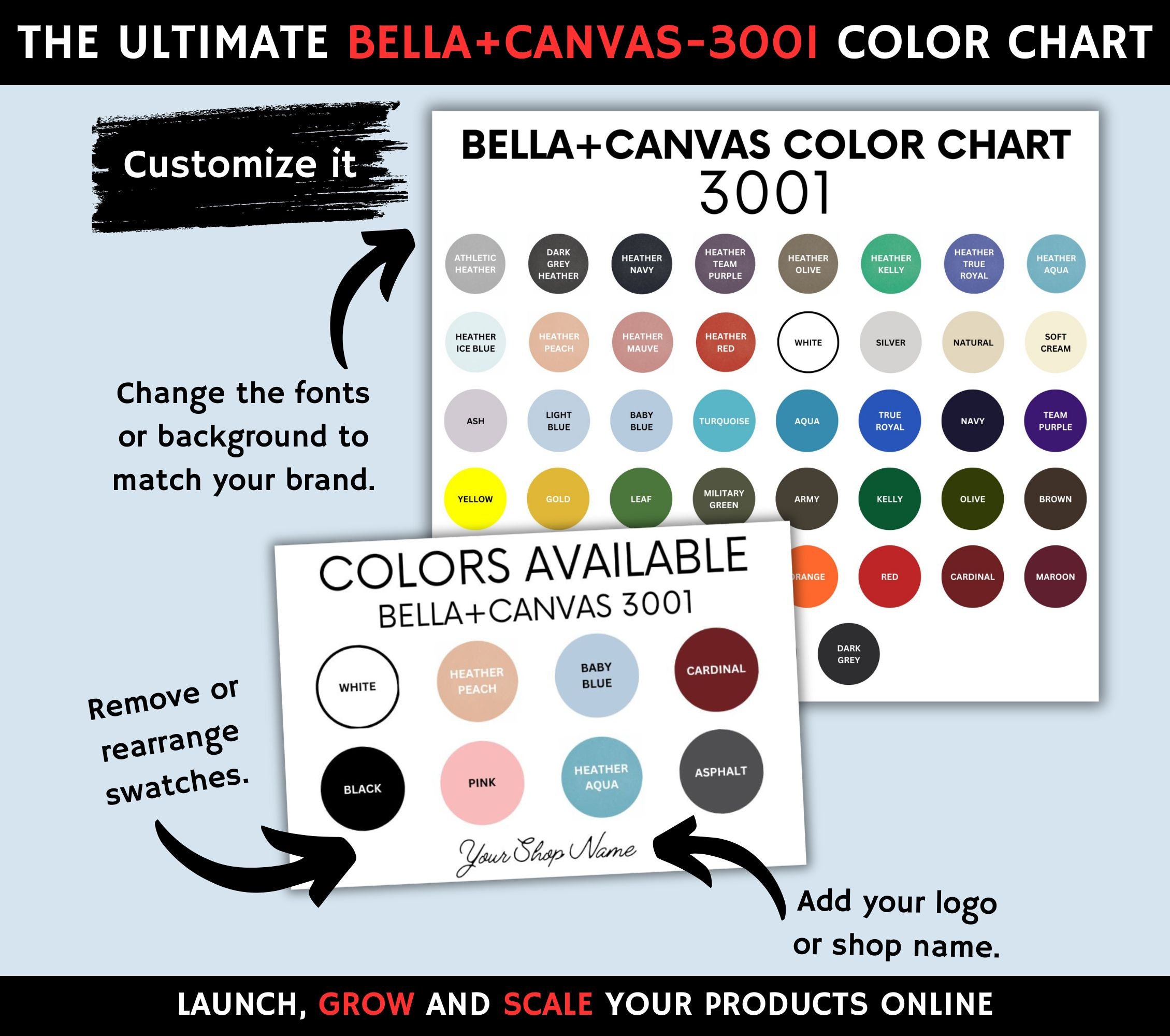 Editable Bella Canvas 3001 Color Chart| Editable Bella Canvas Color ...