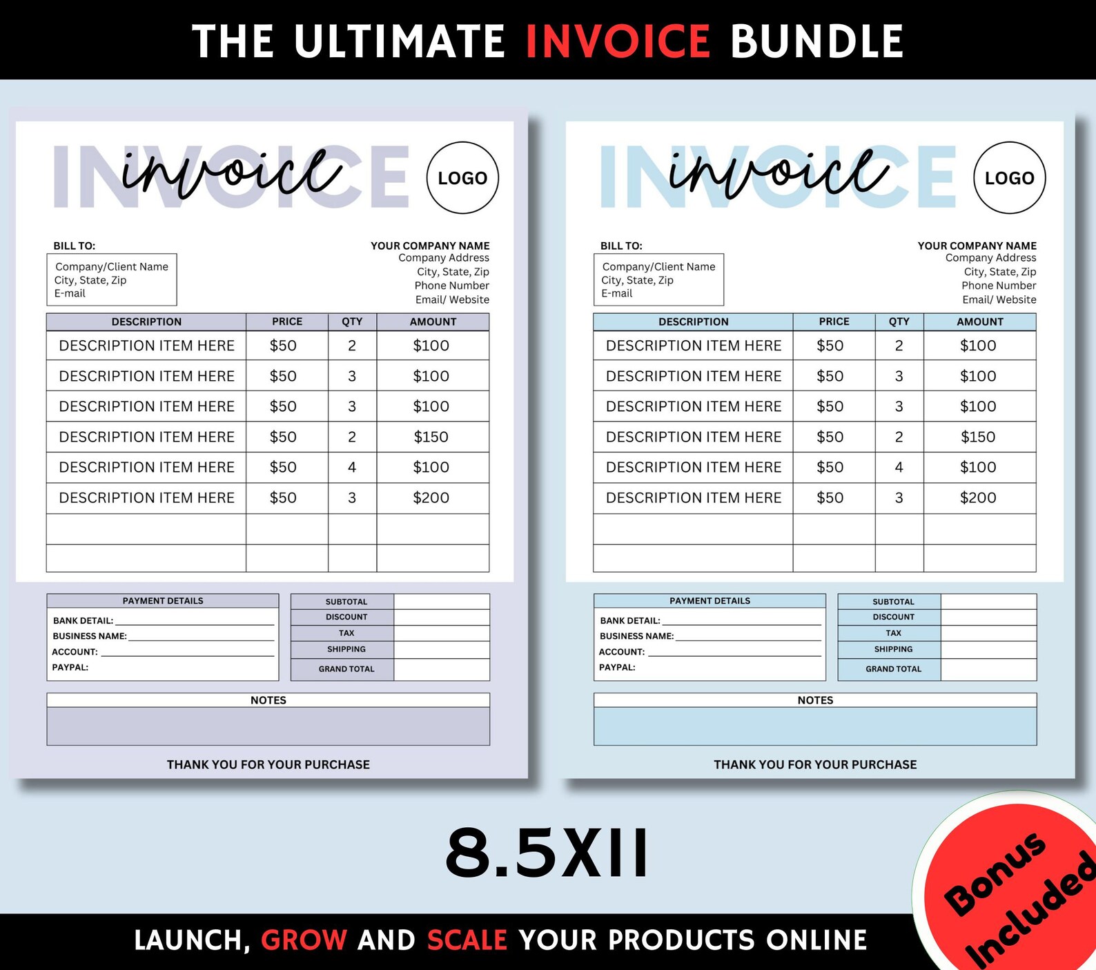 Invoice Editable Template| Printable Order Form Invoice| 5 Premade ...
