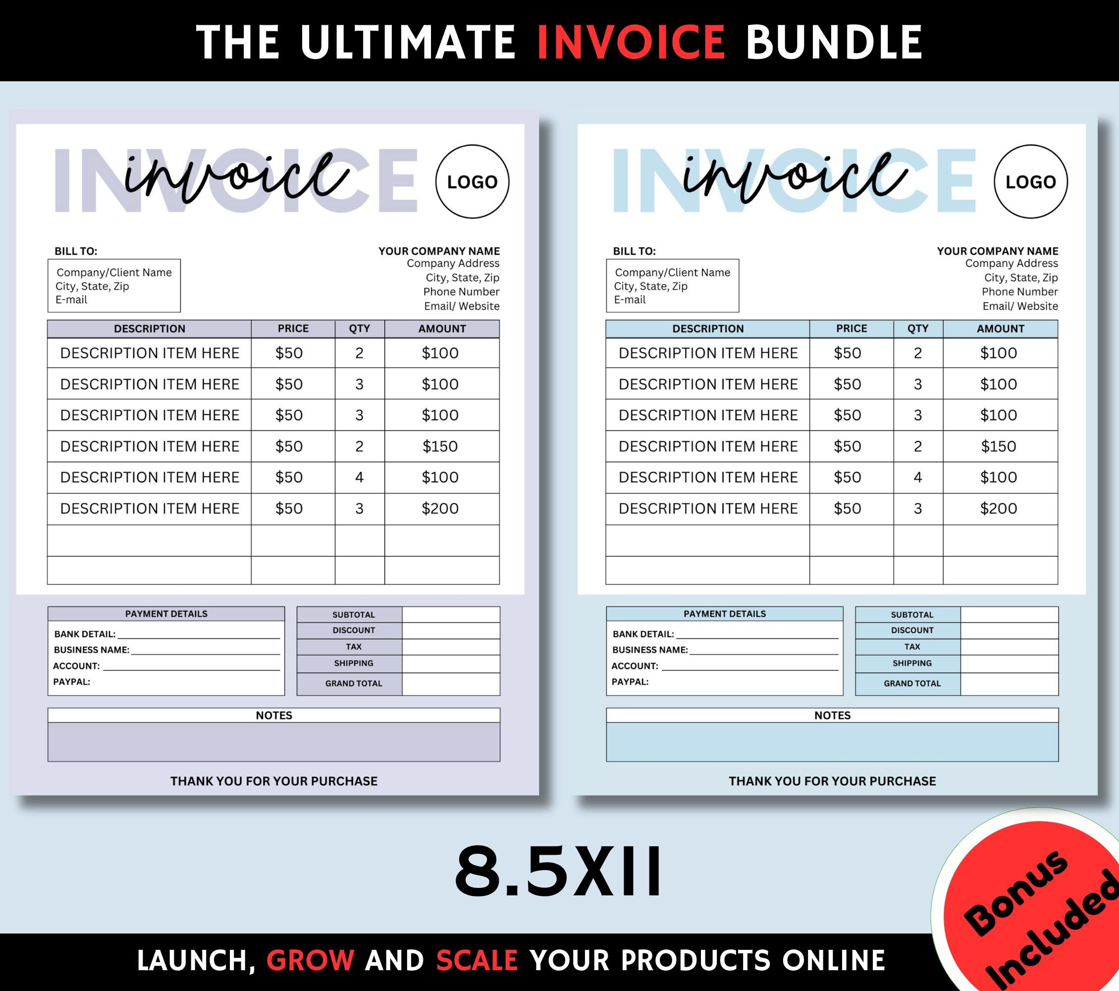 Invoice Editable Template| Printable Order Form Invoice| 5 Premade ...