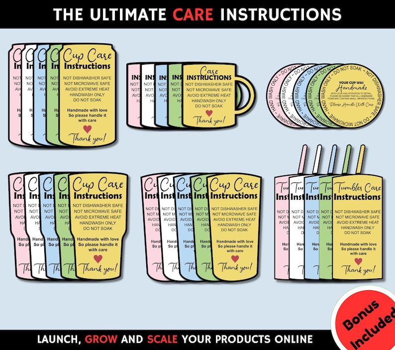 Cup Care Card Bundle Printable| Cup Care Instructions| Skinny Tumbler ...