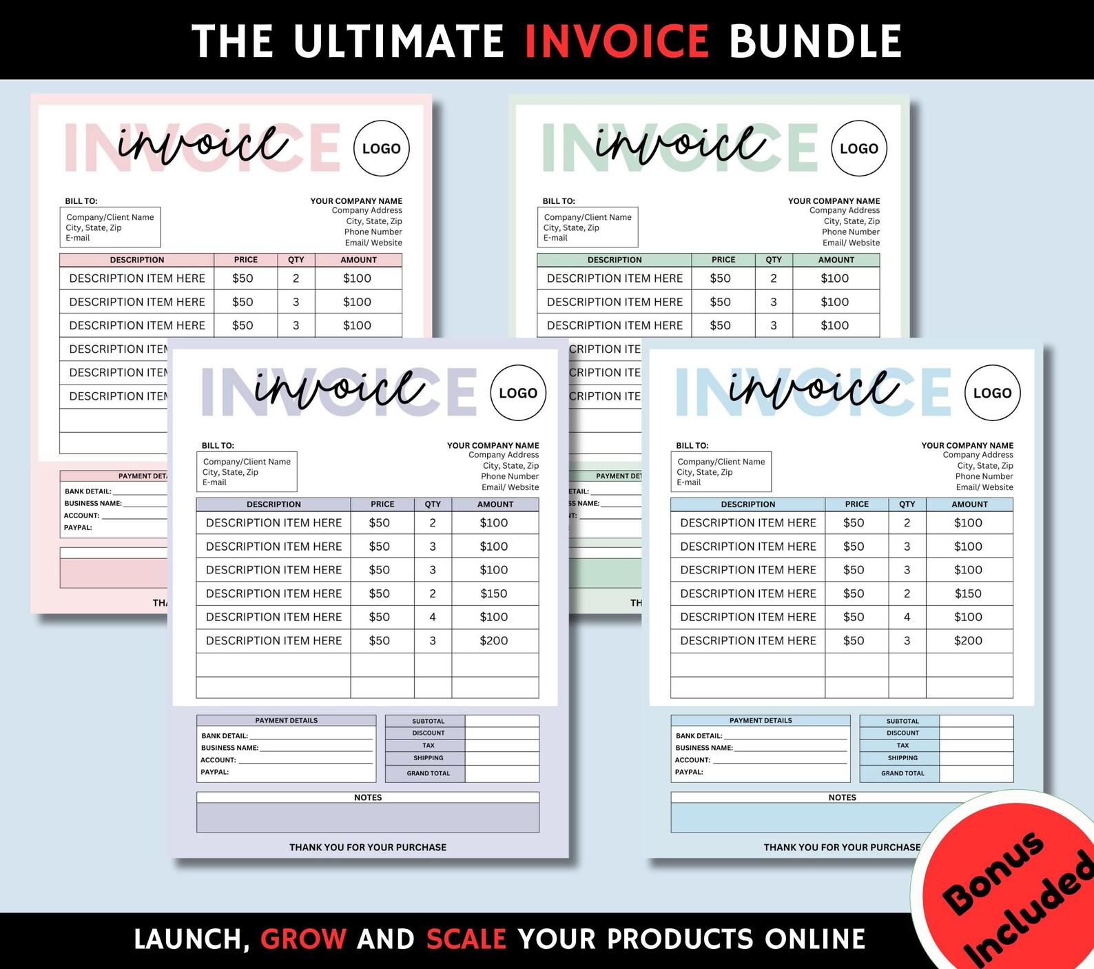 Invoice Editable Template| Printable Order Form Invoice| 5 Premade ...