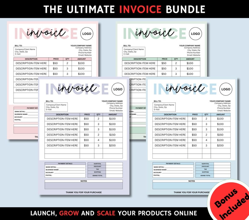 Invoice Editable Template| Printable Order Form Invoice| 5 Premade ...