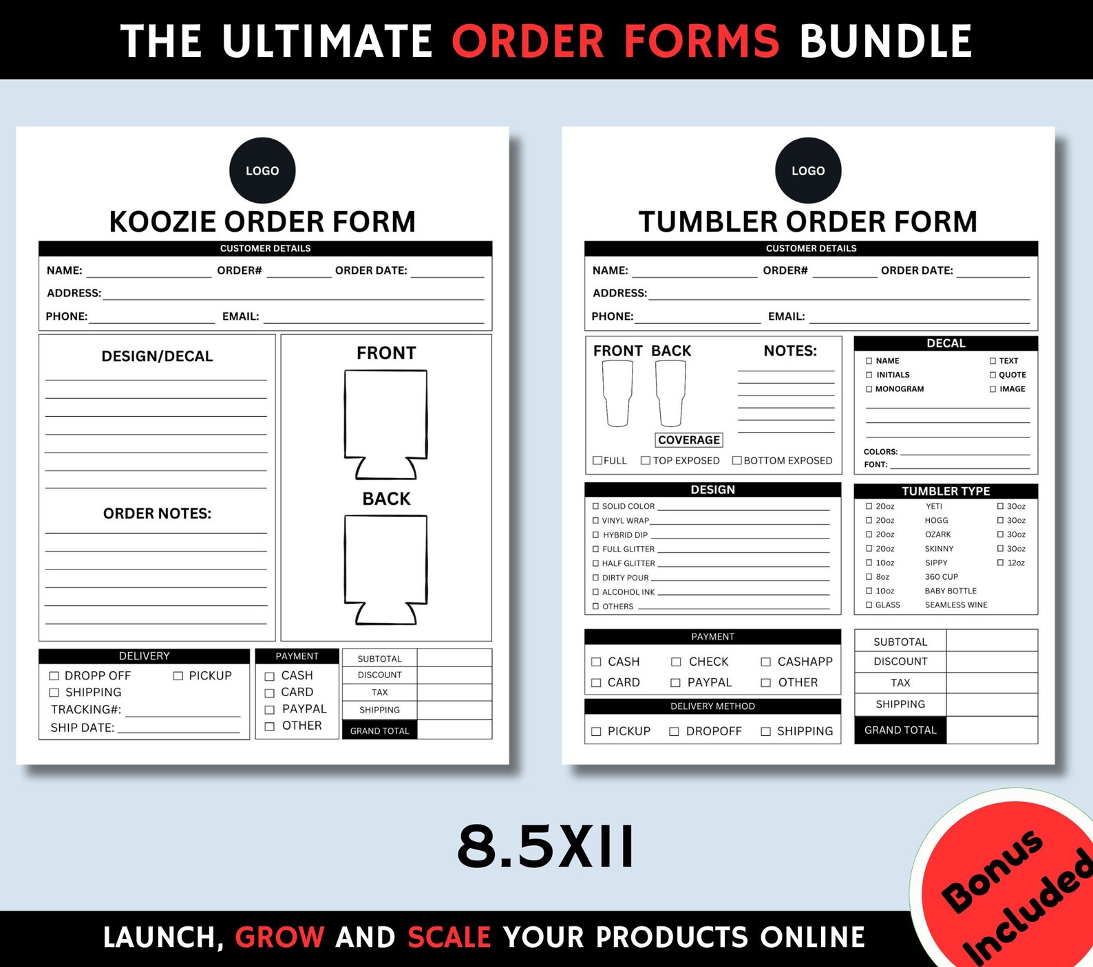 Editable Order Forms Bundle| Tshirt, Tumbler, Invoice Template ...