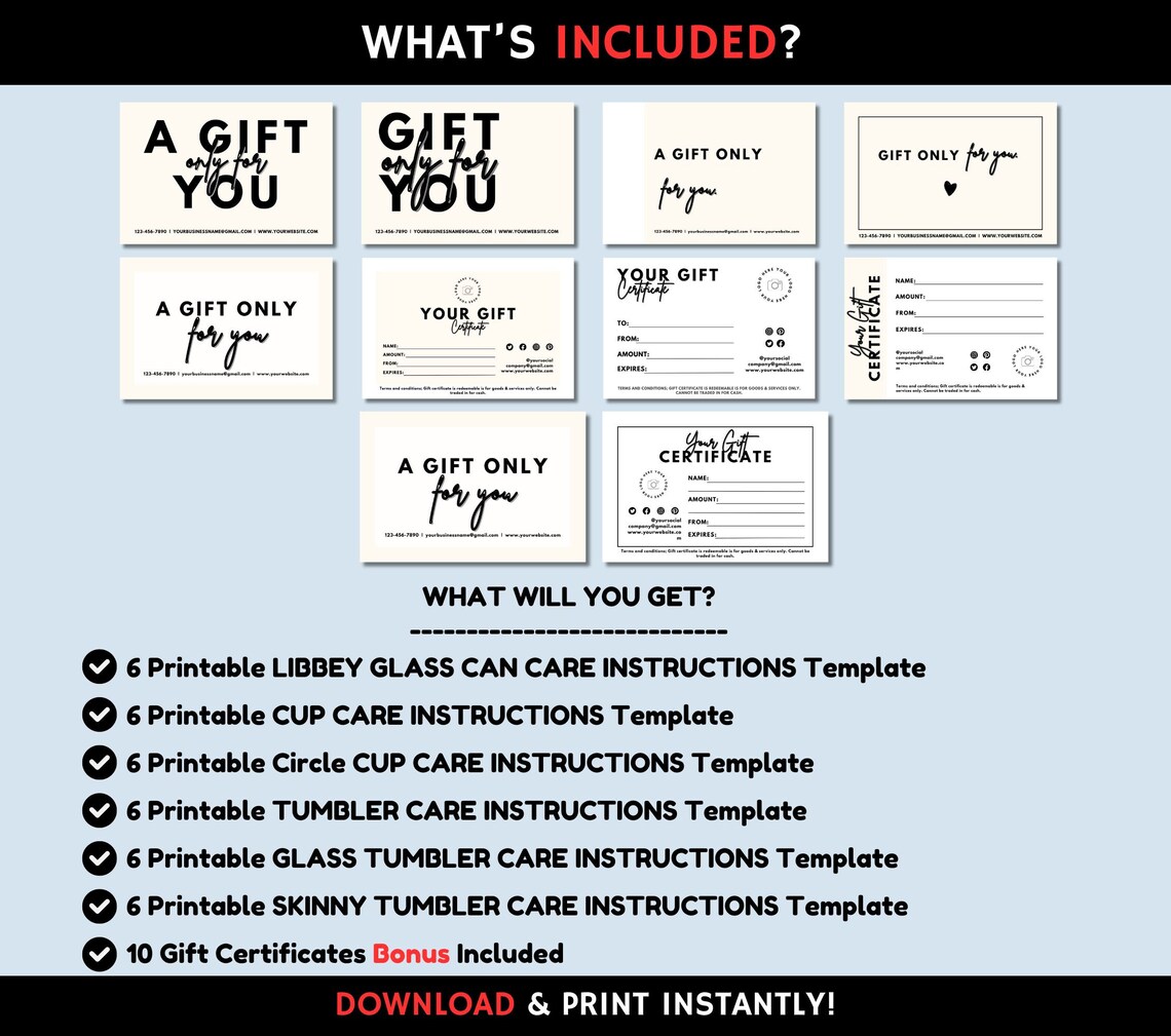 Cup Care Card Bundle Printable| Cup Care Instructions| Skinny Tumbler ...