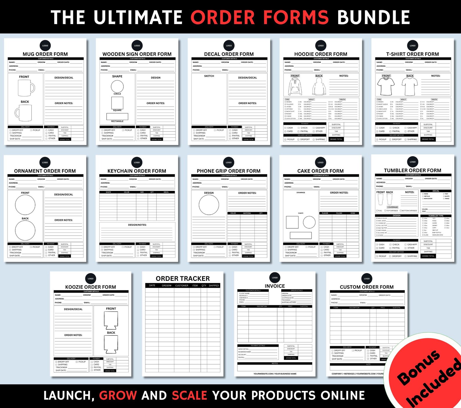 Editable Order Forms Bundle| Tshirt, Tumbler, Invoice Template ...