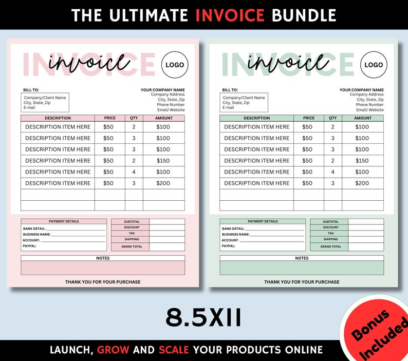Invoice Editable Template| Printable Order Form Invoice| 5 Premade ...