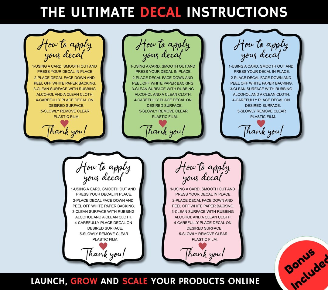 Vinyl Decal Application Card Printable| Decal Care Instructions Cards| Small Business Supplies ...