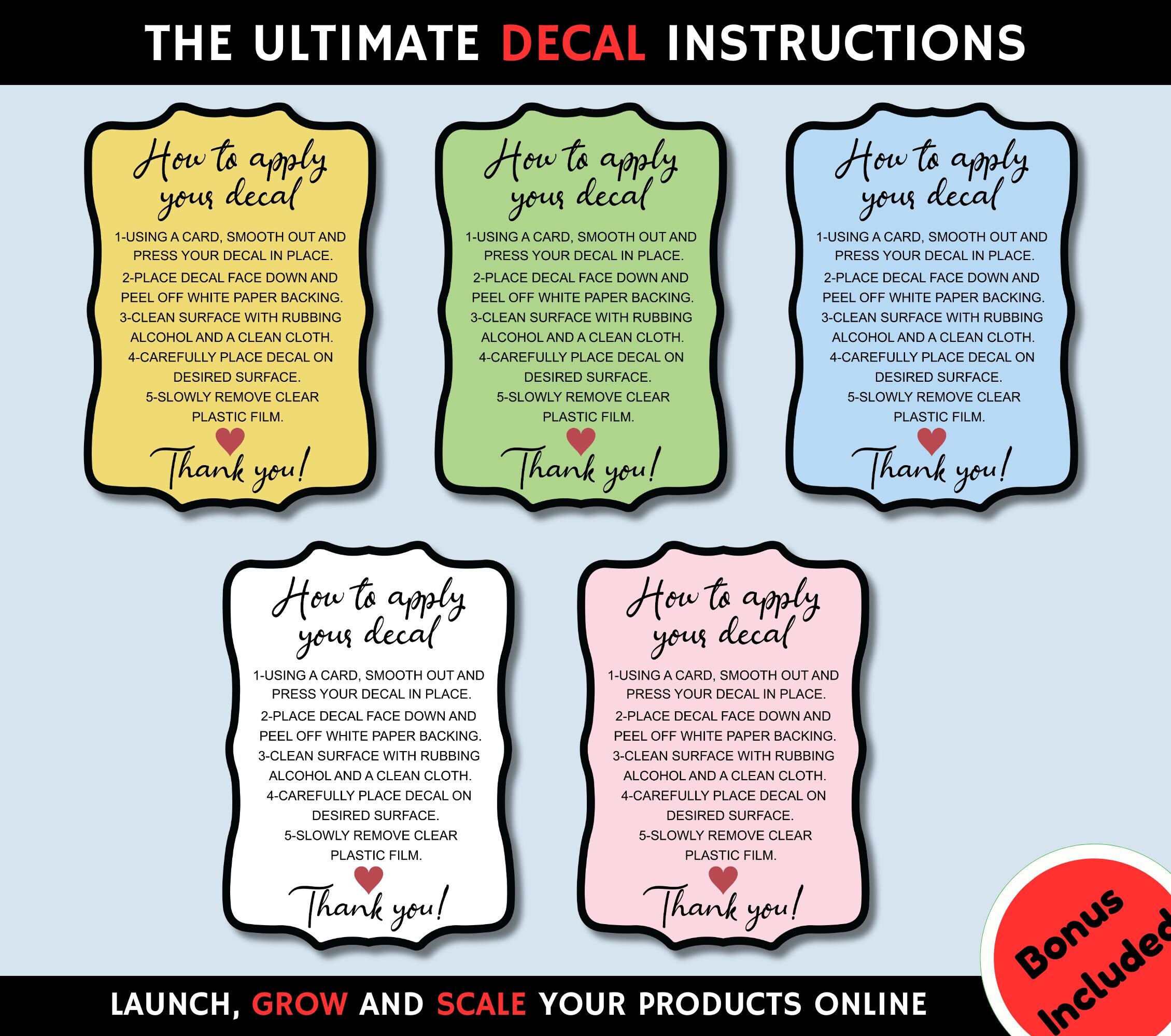Vinyl Decal Application Card Printable| Decal Care Instructions Cards ...