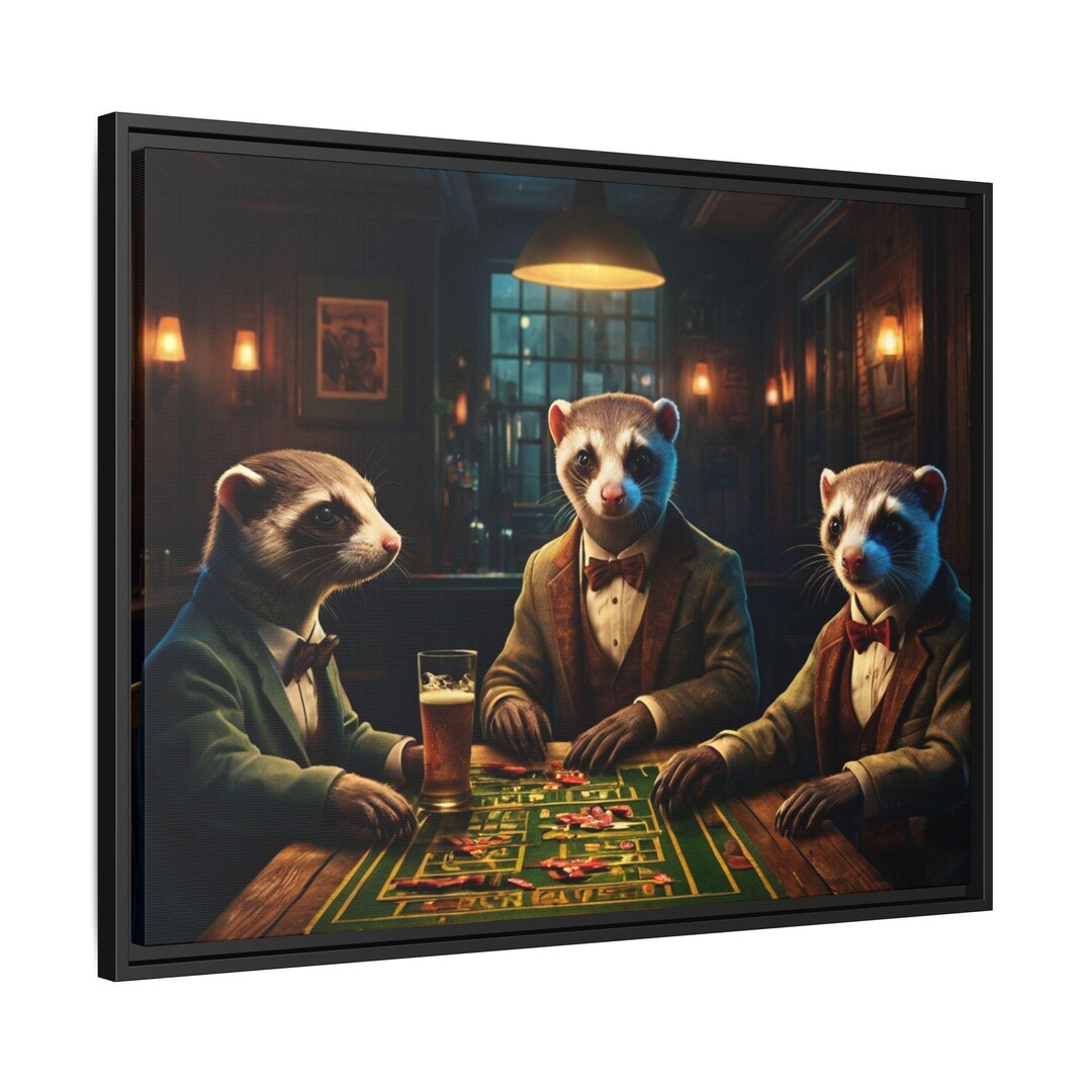 Ferrets Playing Cards Whiskey Bar Pub Beer Poker Casino - Framed Canvas ...
