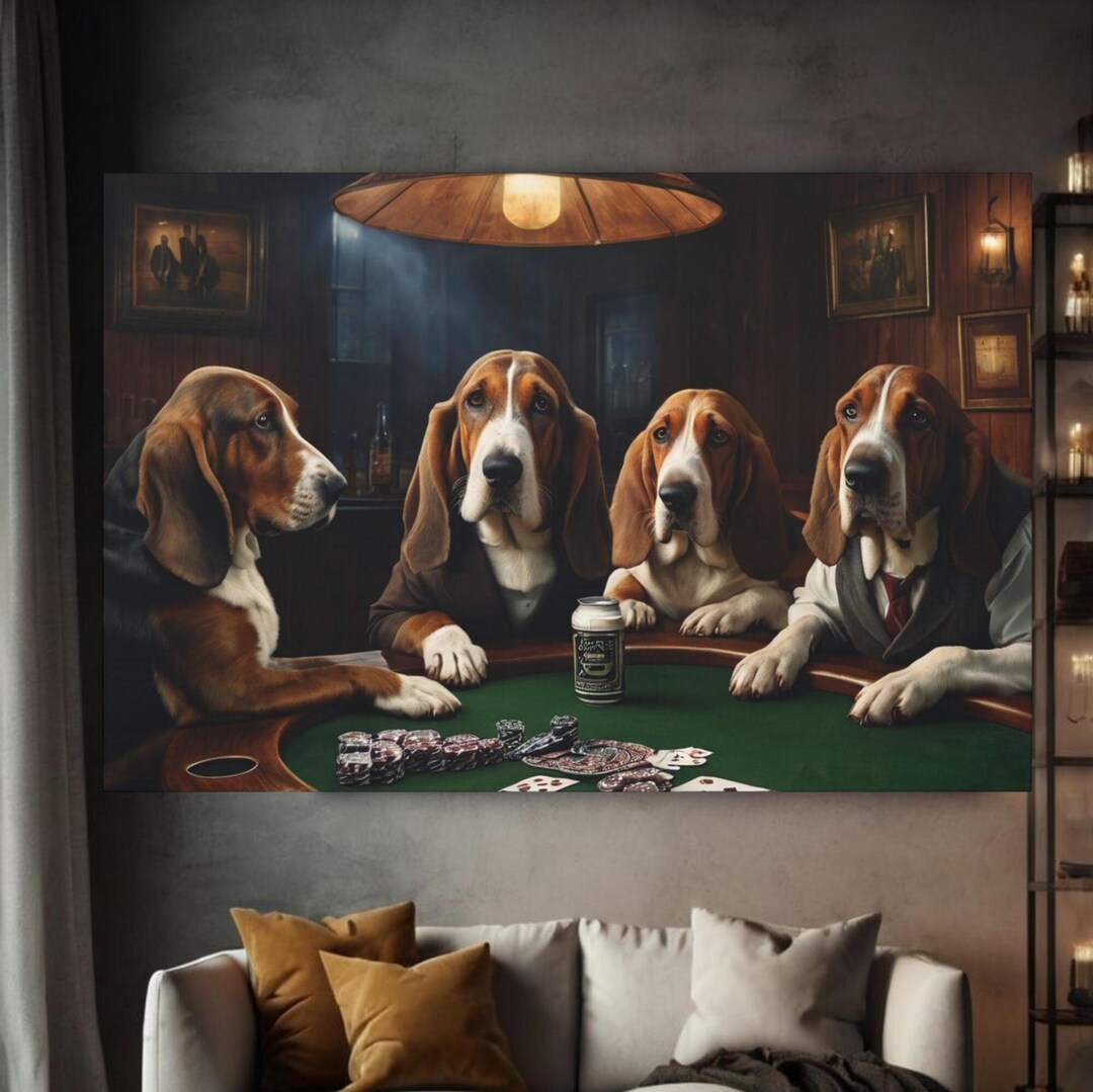Basset Hound Dog Art - Dogs Playing Cards - Whiskey Bar Pub Beer Poker ...
