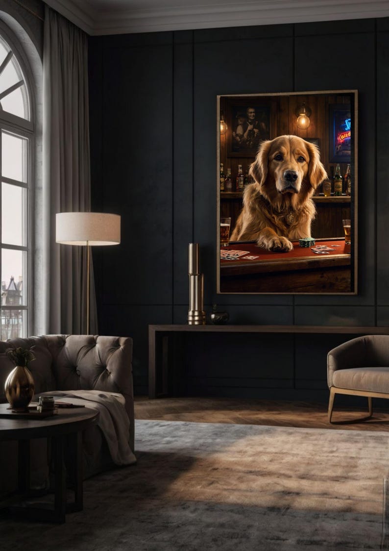Golden Retriever Dog Whiskey Bar Pub Beer Poker Casino - Digital Poster ...