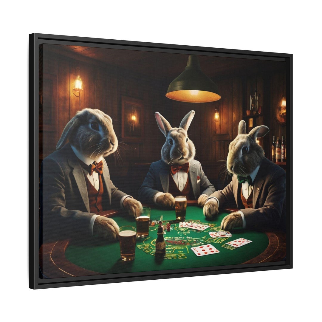 Rabbit Playing Cards Whiskey Bar Pub Beer Poker Casino - Framed Canvas ...