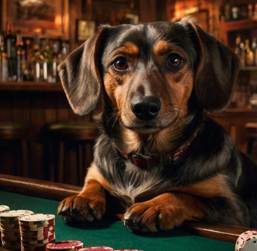 Cartel digital de perro salchicha, bar de whisky, pub, cerveza, póquer ...