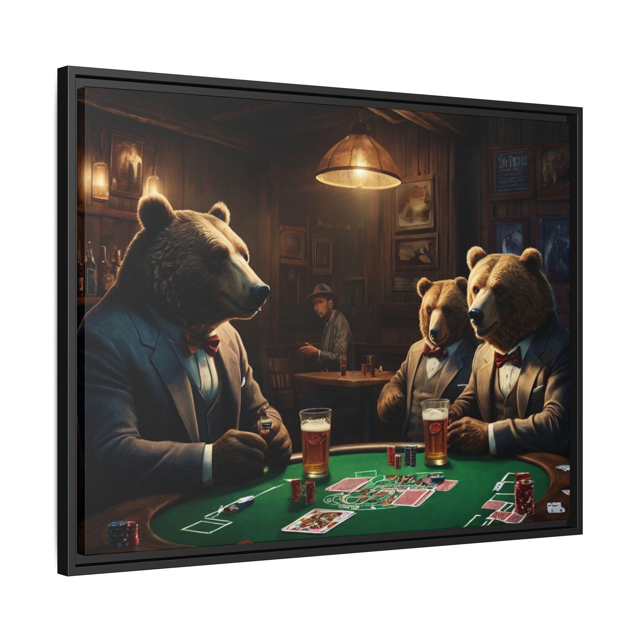 Bears Playing Cards Whiskey Bar Pub Beer Poker Casino - Framed Canvas ...