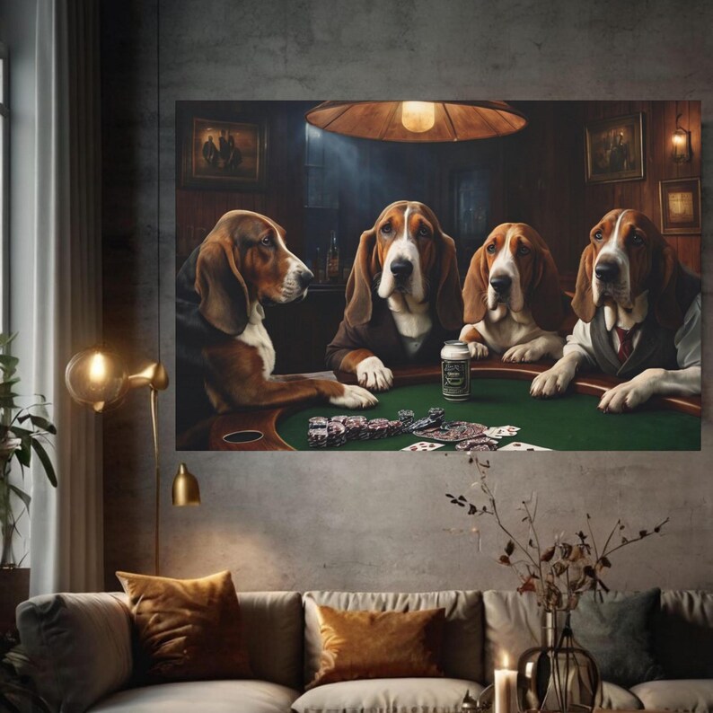 Basset Hound Dog Art - Dogs Playing Cards - Whiskey Bar Pub Beer Poker ...