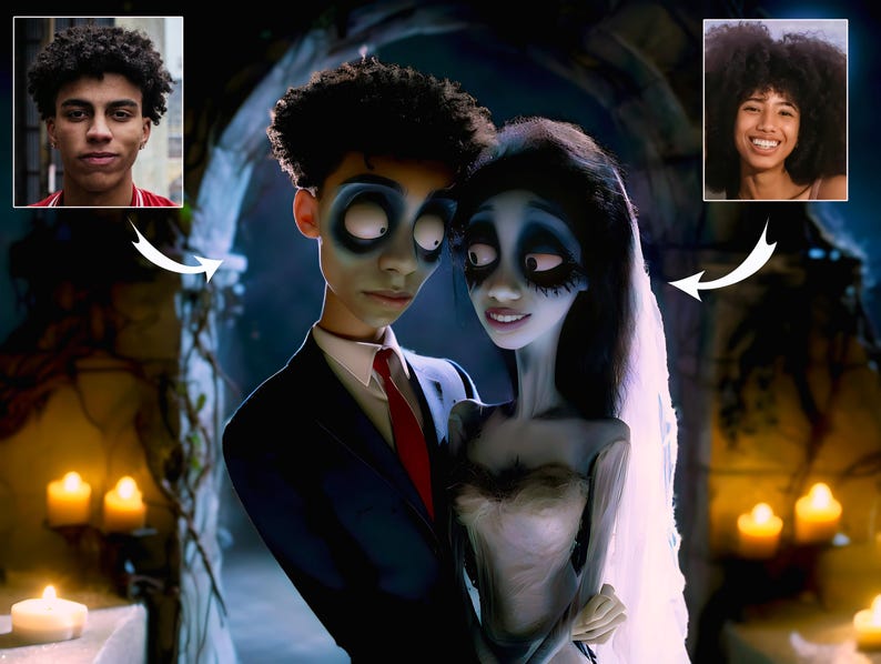 Tim Burton Style Custom Couple Portraits for Halloween Personalized ...