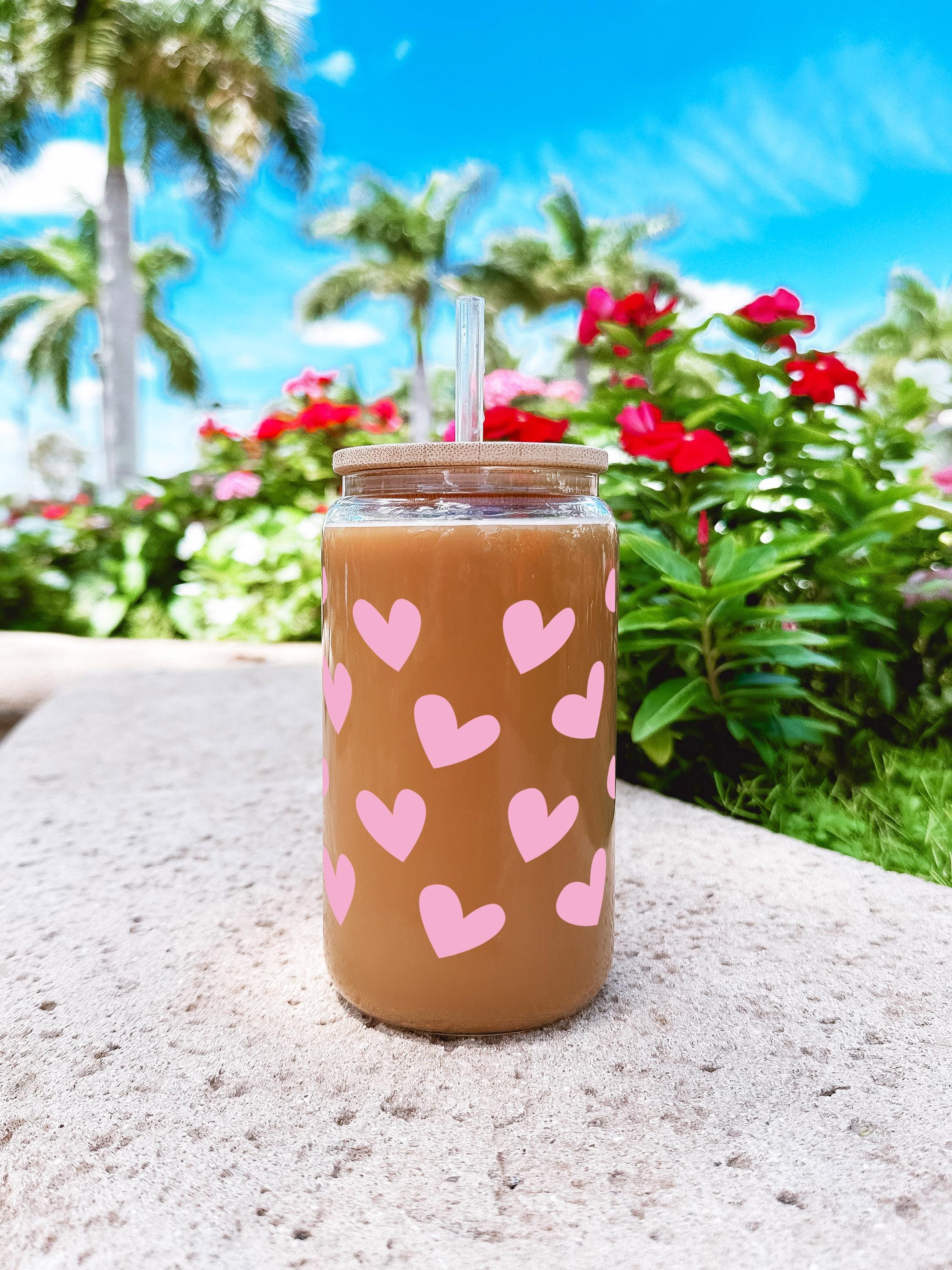 Cute Girly Hearts Iced Coffee Cup With Straw + Lid, Beer Can Tumbler ...