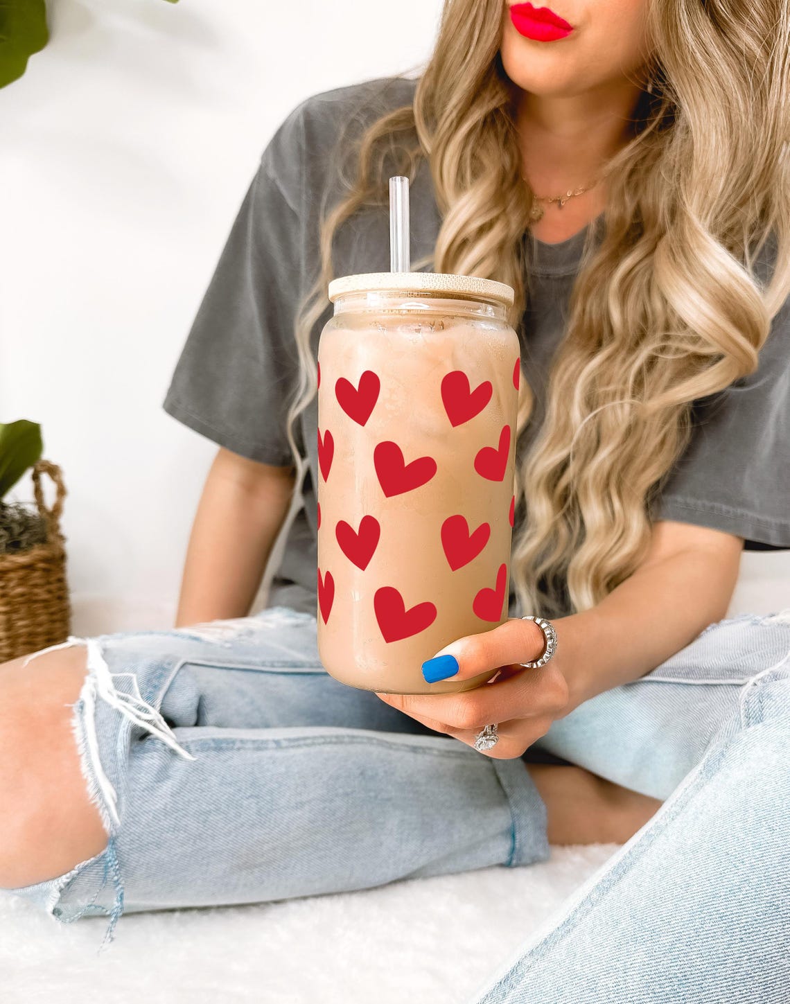 Cute Girly Hearts Iced Coffee Cup With Straw + Lid, Beer Can Tumbler ...