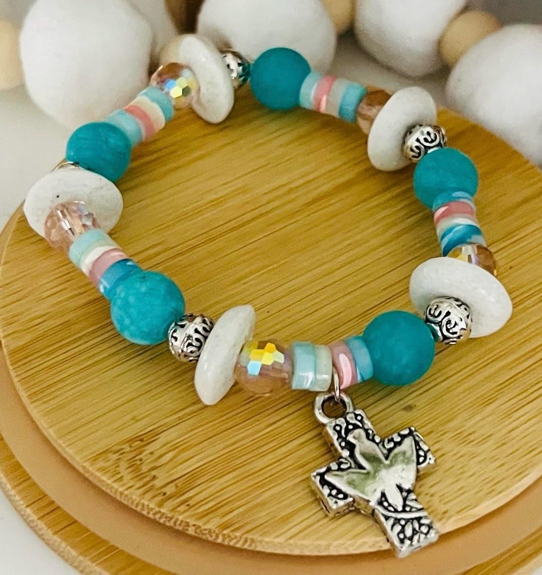 Holy Spirit Cross Bracelet: Turquoise, Pink & Silver - Etsy