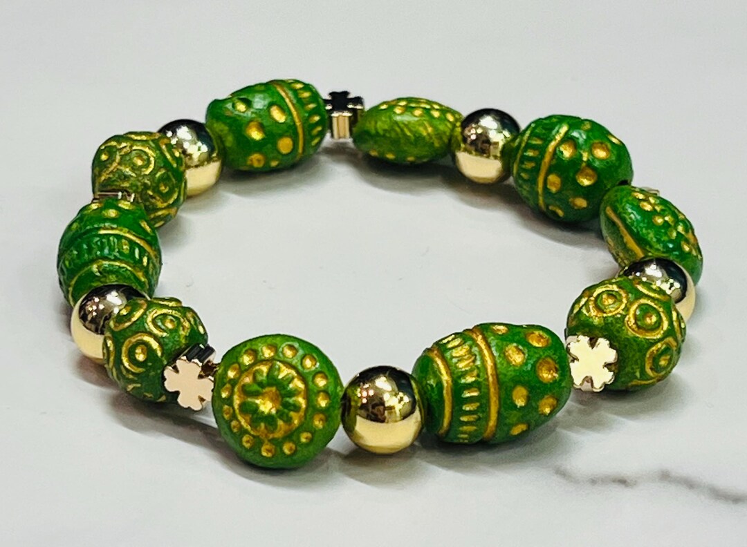 Women's Green and Gold St. Patrick's Day Handmade Bracelet, Four Leaf ...