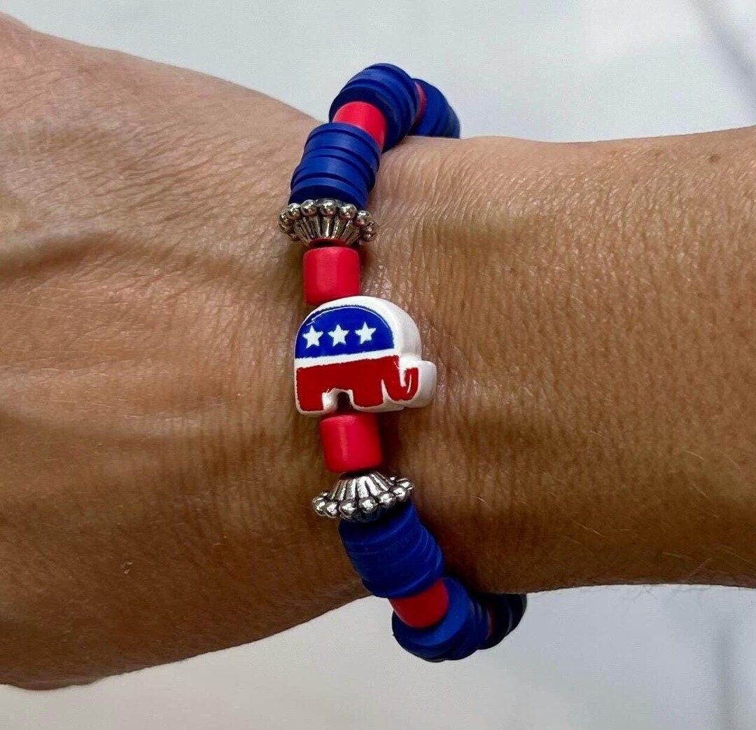 Women's Republican Elephant Beaded Bracelet, Red, Blue and Silver ...