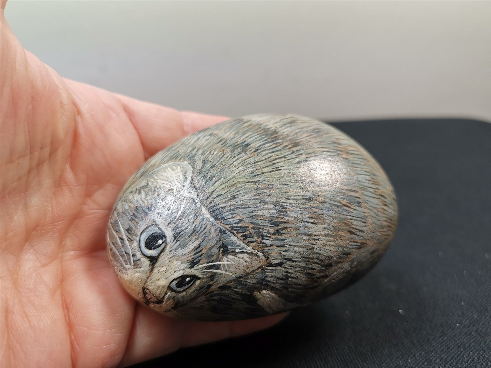 Vintage Cat Painting on Rock Stone Grey Tabby Signed and Dated | Etsy